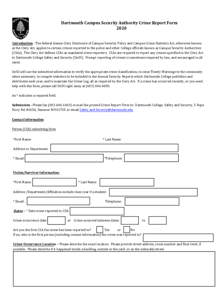Fillable Online www.dartmouth.edusecuritycleryactDartmouth Campus ...