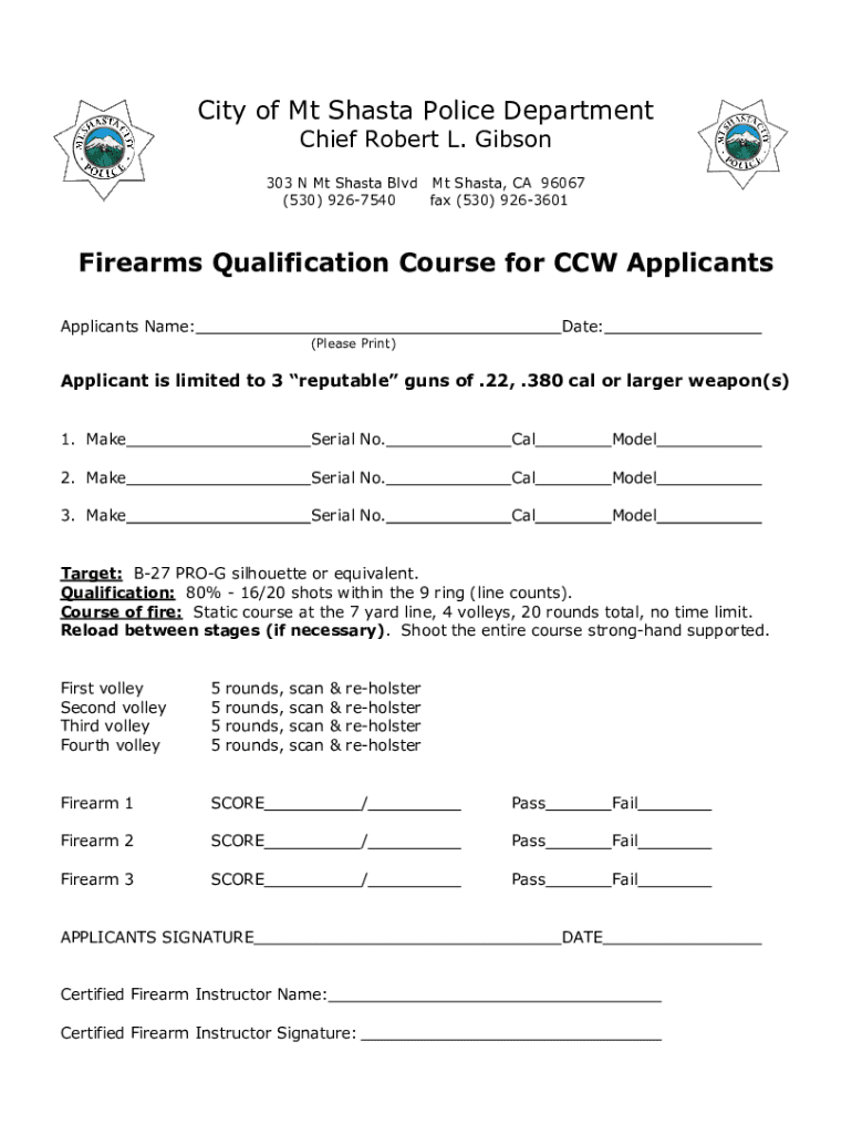 Fillable Online City of Mt Shasta Police Department Firearms ...