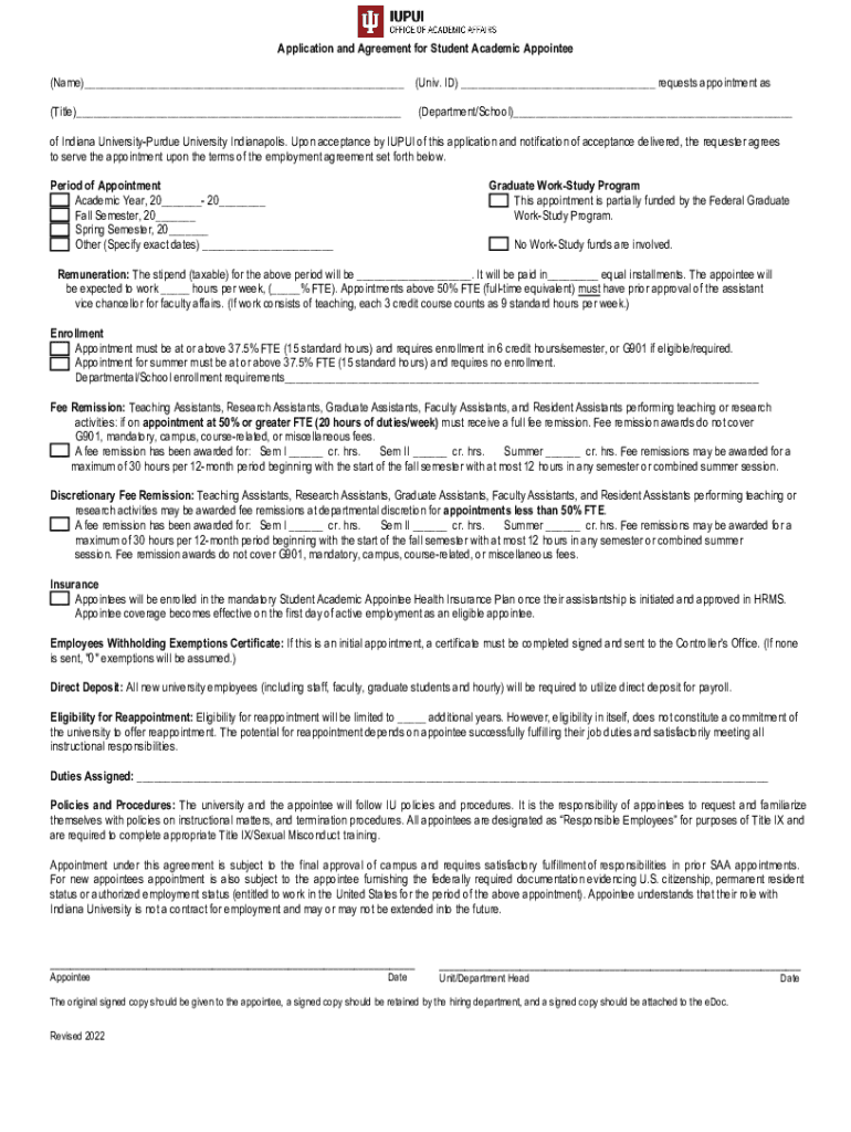 Fillable Online academicaffairs iupui Application and Agreement for ...