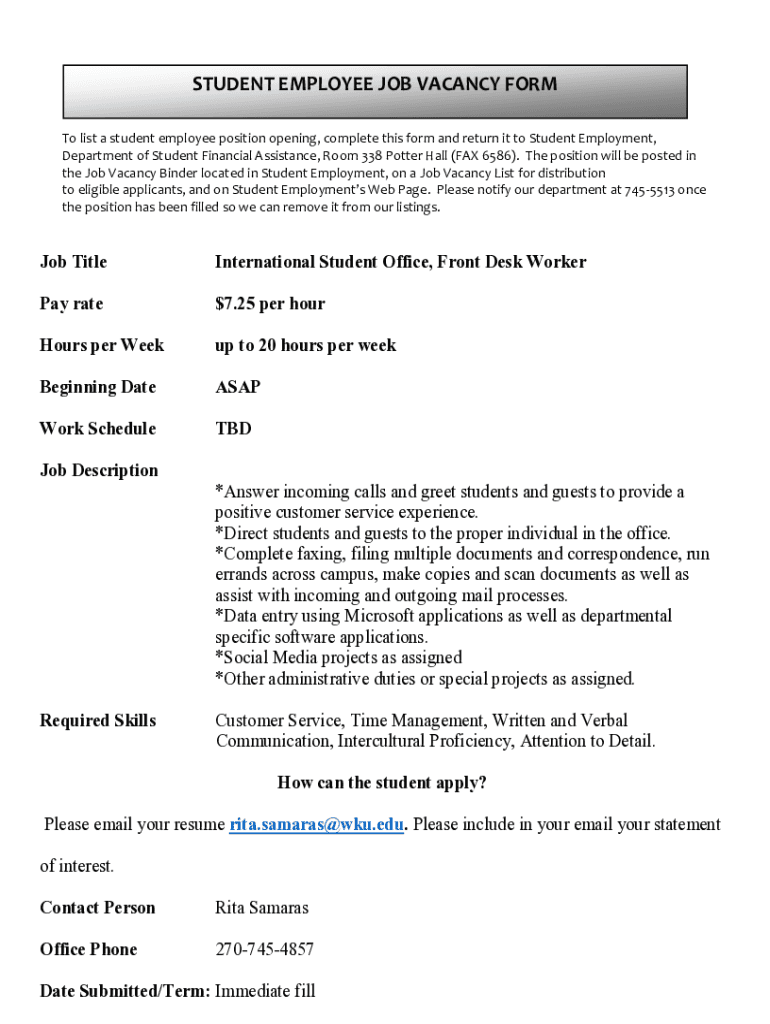 Fillable Online STUDENT EMPLOYEE JOB VACANCY FORM Fax Email Print ...