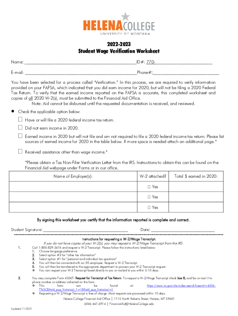 Fillable Online 2022-2023 Student Wage Verification Worksheet Fax Email ...