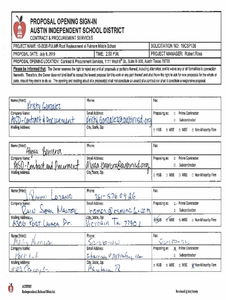 Fillable Online Pre-Bid Sign-In Sheet - Austin ISD Fax Email Print ...
