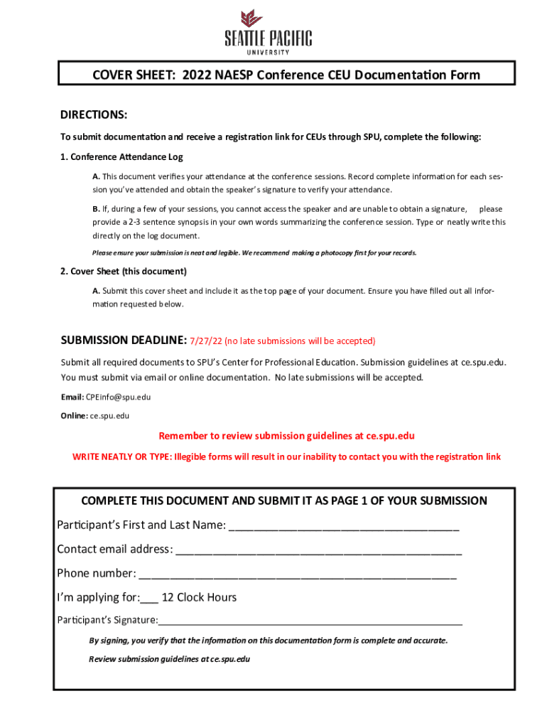 Fillable Online ce.spu.edusrsuploadOVER SHEET:NAESP onference EU Documentation Form Fax Email ...