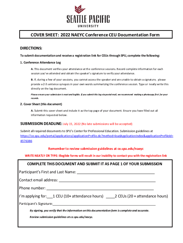 Fillable Online ce.spu.edusrsuploadCOVER SHEET: 2022 NAEYC Conference CEU Documentation Form Fax ...