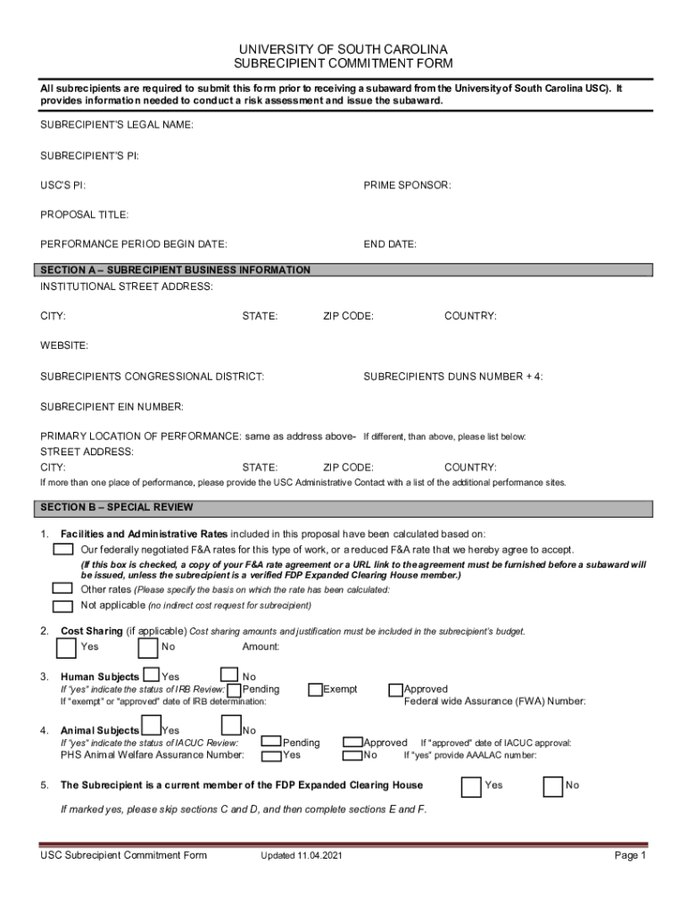 Fillable Online sc.eduaboutofficesanddivisionsUNIVERSITY OF SOUTH CAROLINA SUBRECIPIENT ...