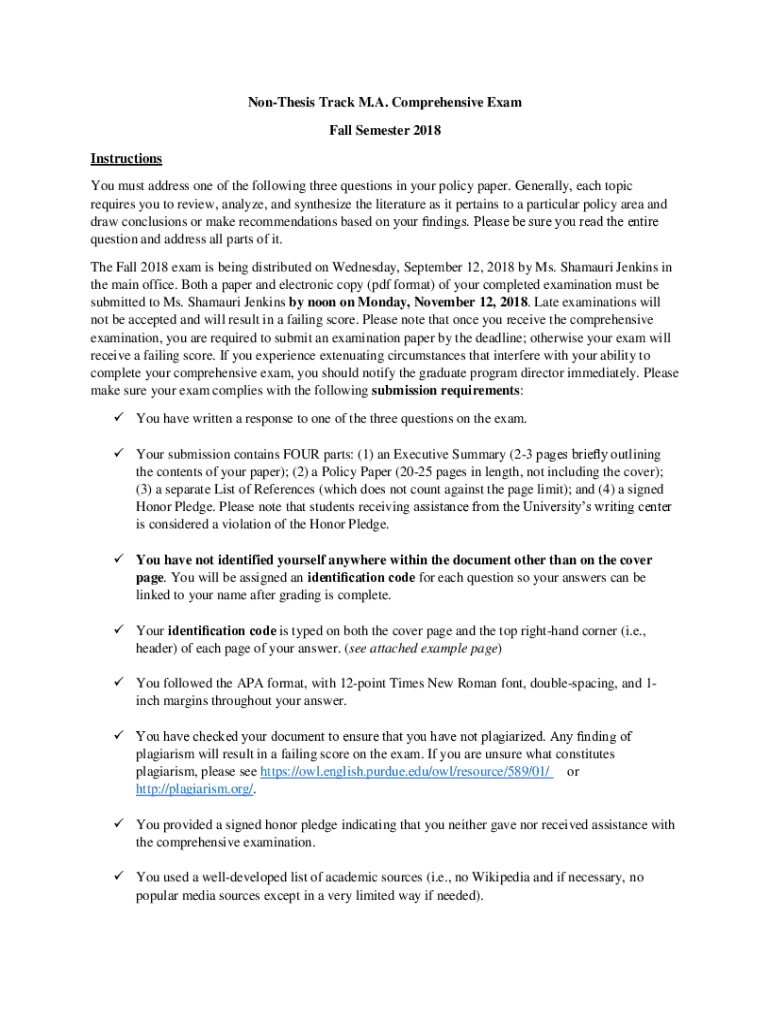Fillable Online Non-Thesis Track M.A. Comprehensive Exam Fall Semester ... Fax Email Print ...