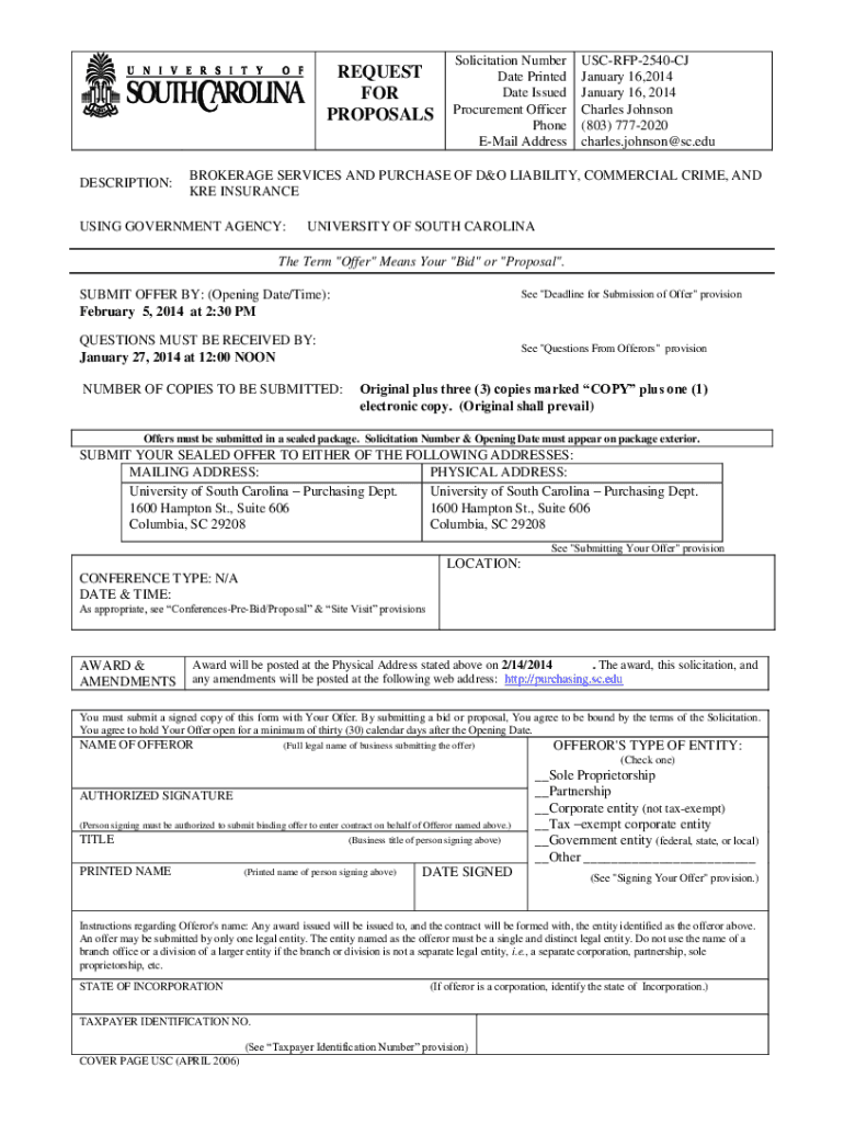 Fillable Online USC-RFP-2049-CJ REQUEST FOR PROPOSALS Procurement Officer - sc.edu Fax Email ...