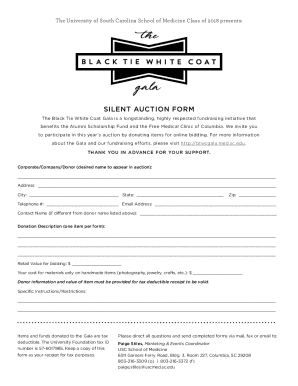 Fillable Online SILENT AUCTION FORM - University of South Carolina Fax ...