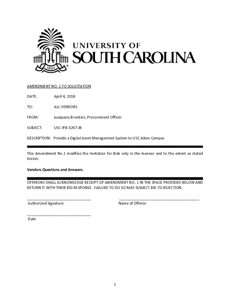 Fillable Online AMENDMENT 1 TO SOLICITATION - University of South Carolina Fax Email Print ...