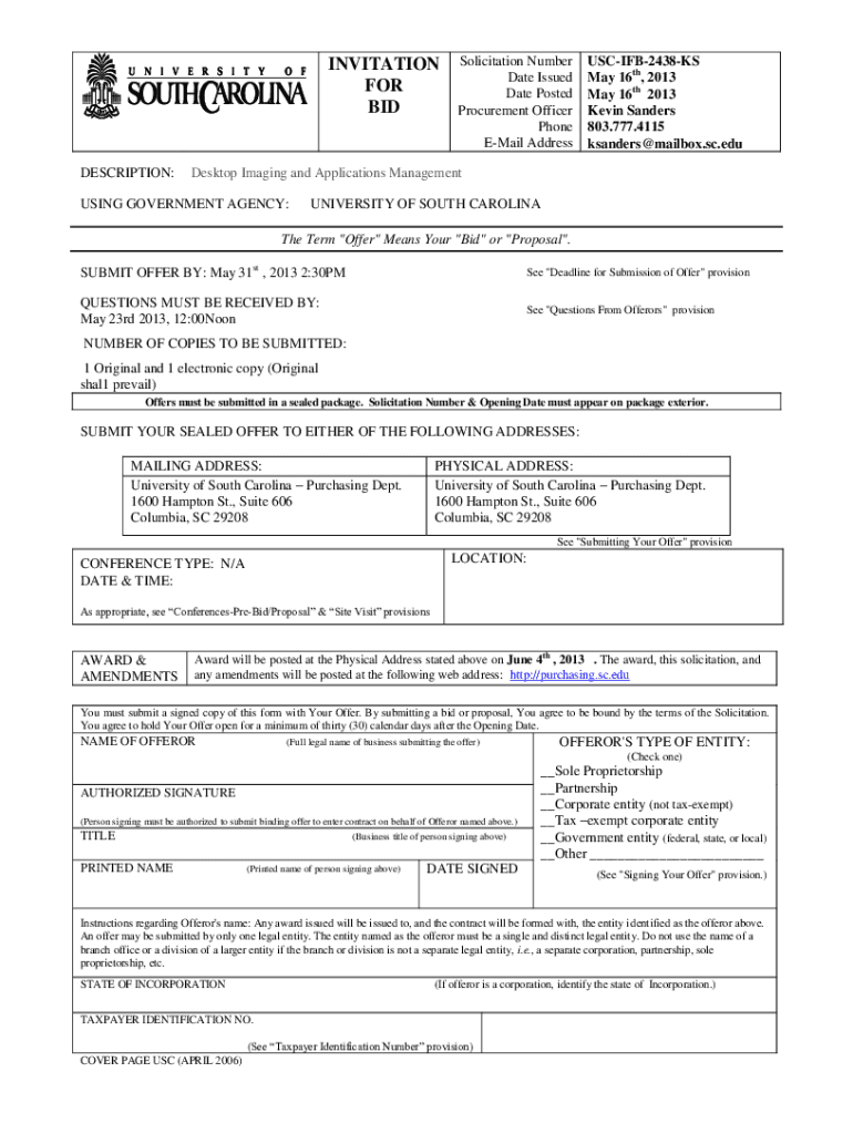 Fillable Online INVITATION USC-IFB-2539-KS - sc.edu Fax Email Print ...