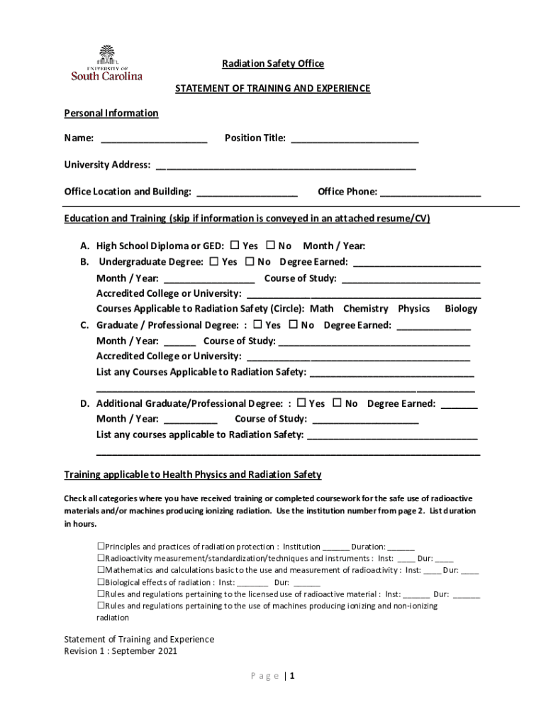 Fillable Online Radiation Safety Office STATEMENT OF TRAINING AND ...