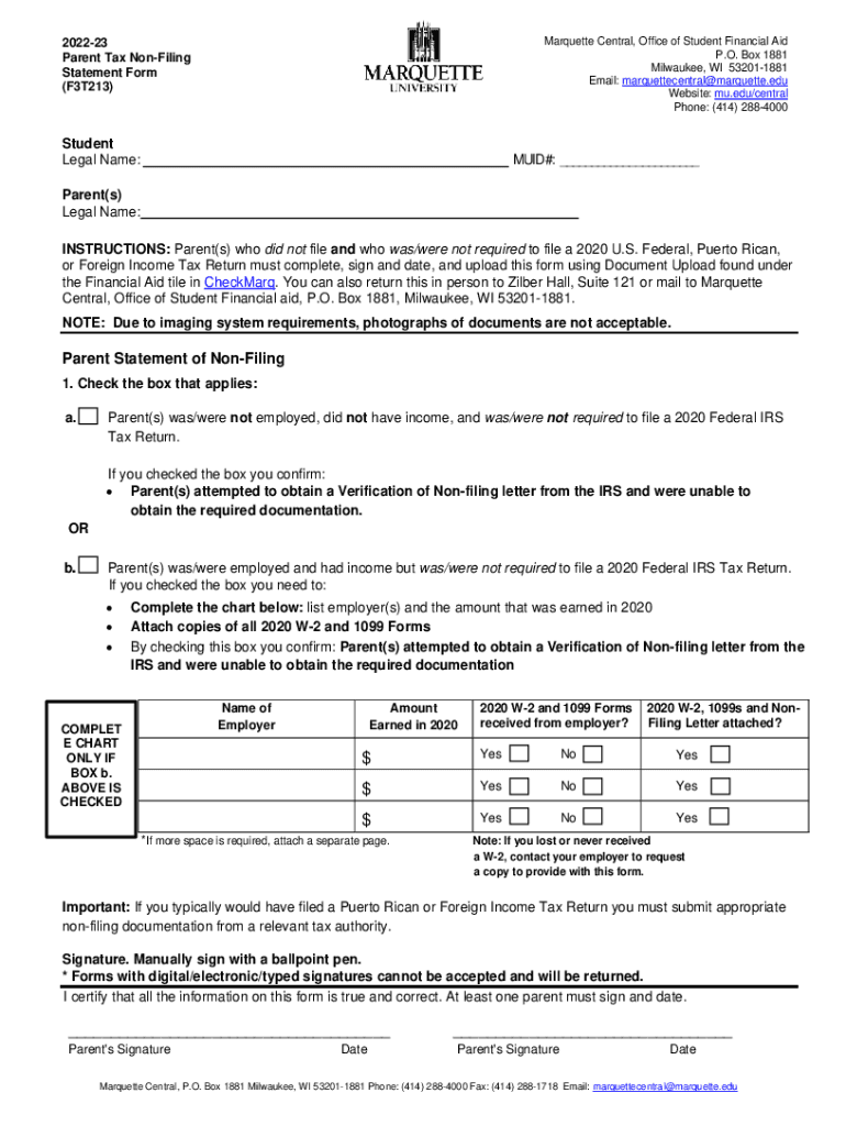 Fillable Online 2022-23 Parent Tax Non-Filing Statement Form (F3T213 ...