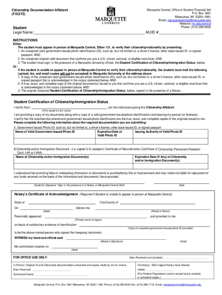 Fillable Online Citizenship Documentation Affidavit (FXCITZ) - Student ...