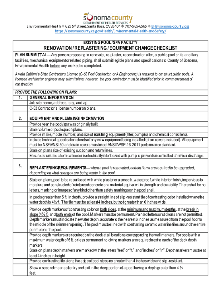 Fillable Online RENOVATION / REPLASTERING / EQUIPMENT CHANGE ... Fax Email Print - pdfFiller