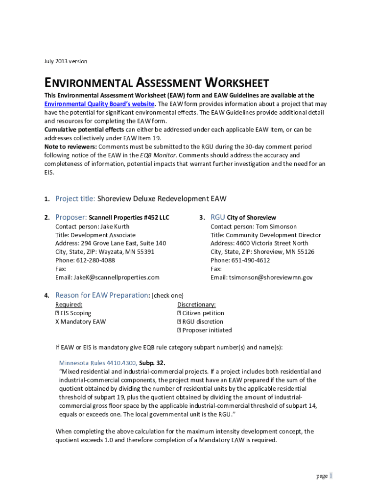 Fillable Online ENVIRONMENTAL ASSESSMENT WORKSHEET - Shoreview, MN Fax ...