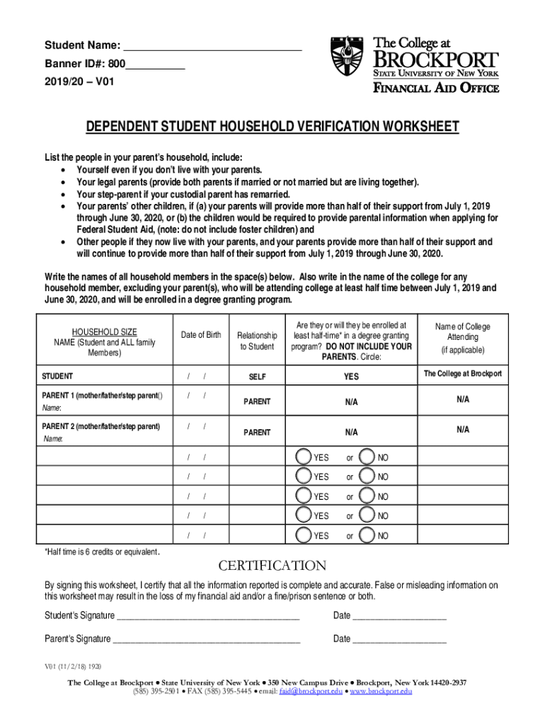 Fillable Online Dependend Student Household Verification Worksheet ...