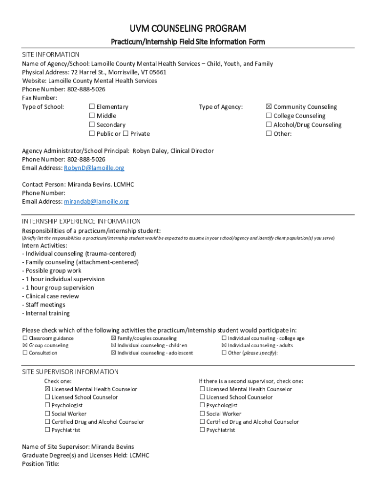 Fillable Online UVM Counseling Program - Practicum/Internship Field ...