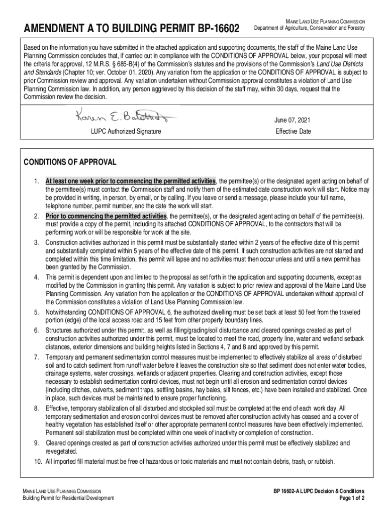 Fillable Online AMENDMENT A TO BUILDING PERMIT BP-16602 - Maine.gov Fax ...