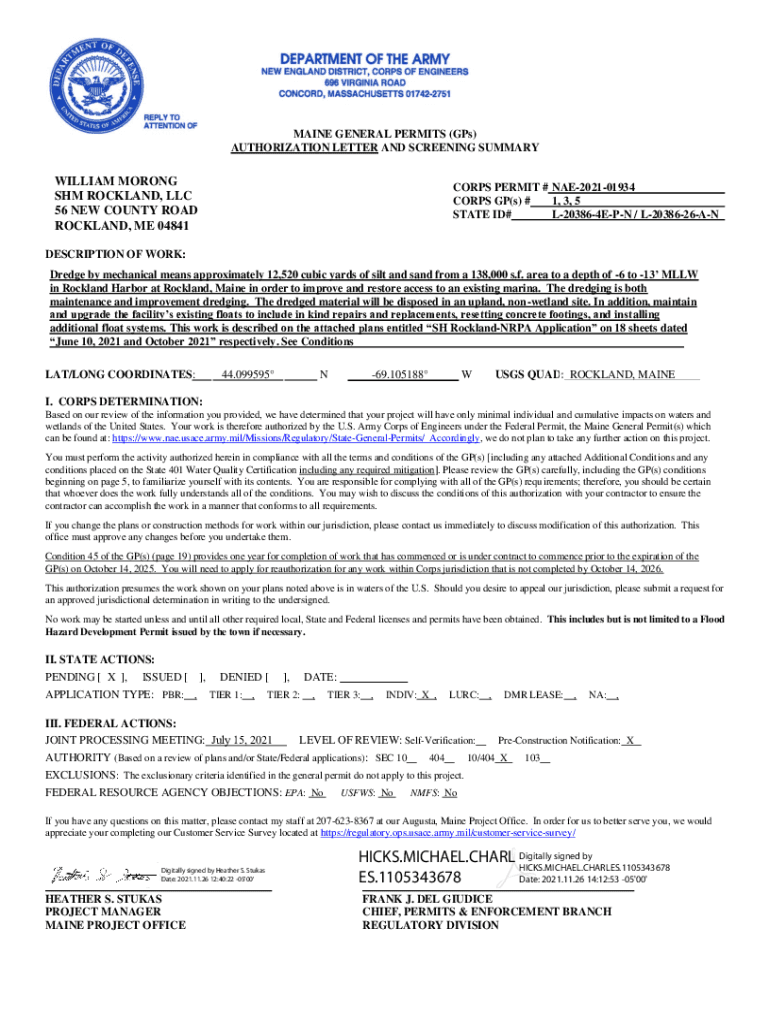 Fillable Online MAINE GENERAL PERMITS (GPs) AUTHORIZATION LETTER AND ...