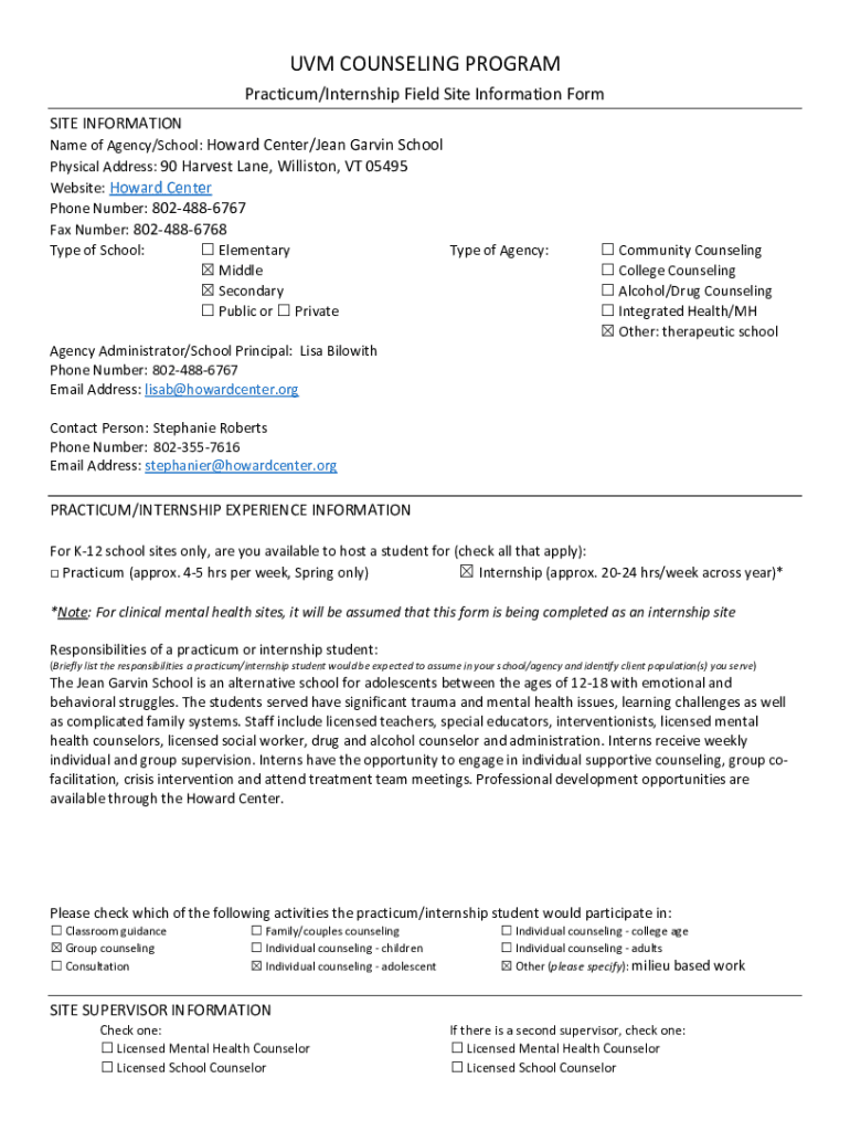 Fillable Online Jean Garvin School Internship Form Fax Email Print - pdfFiller