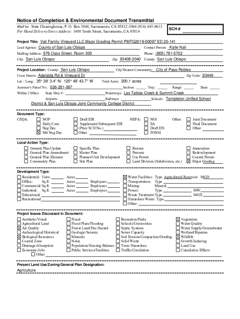 Fillable Online Project Title: Vali Family Vineyard LLC Major Grading ...