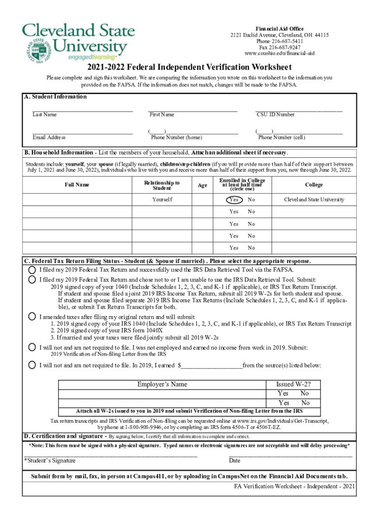 Fillable Online 2021-2022 Federal Independent Verification Worksheet ...
