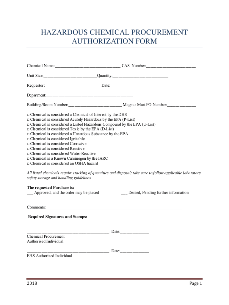 Fillable Online HAZARDOUS CHEMICAL PROCUREMENT AUTHORIZATION FORM Fax ...