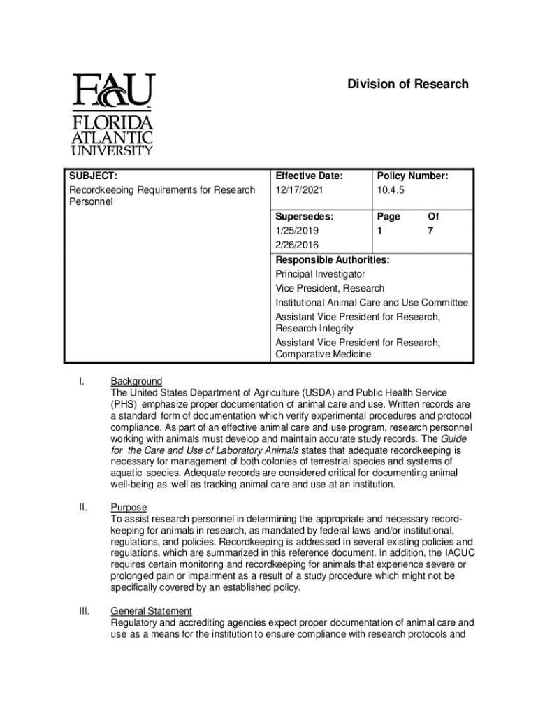 Fillable Online 10.4.5 Record Keeping and Care for Animals in Study Areas Fax Email Print ...