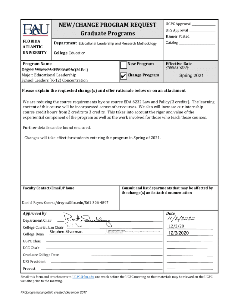 Fillable Online webnet.fau.edu graduate documentsNEW/CHANGE PROGRAM REQUEST UGPC Approval ...