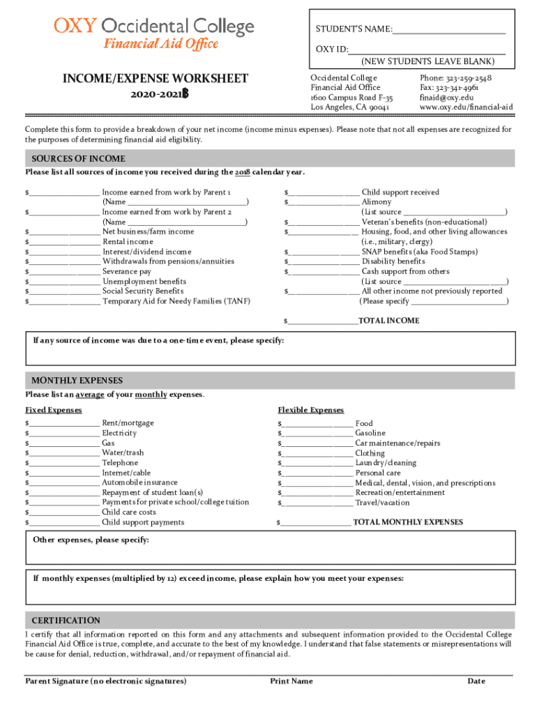 Fillable Online STUDENTS NAME: INCOME/EXPENSE WORKSHEET - OXY ID: PARENT (NEW STUDENTS ... Fax ...