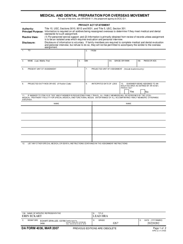 Fillable Online MEDICAL AND DENTAL PREPARATION FOR OVERSEA MOVEMENT ...