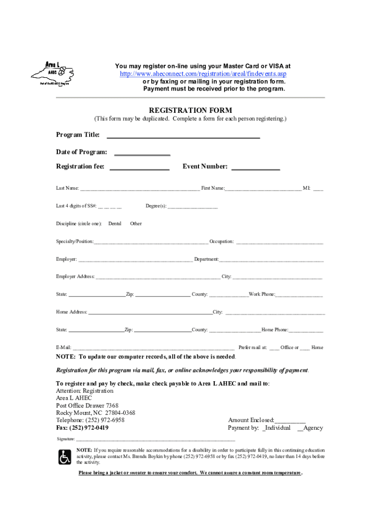Fillable Online REGISTRATION FORM Program Title - Area L AHEC Fax Email ...