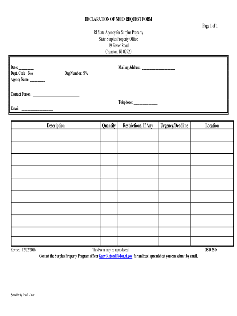Fillable Online surplus-declaration-of-need-request-form.pdf - RI.gov Fax Email Print - pdfFiller