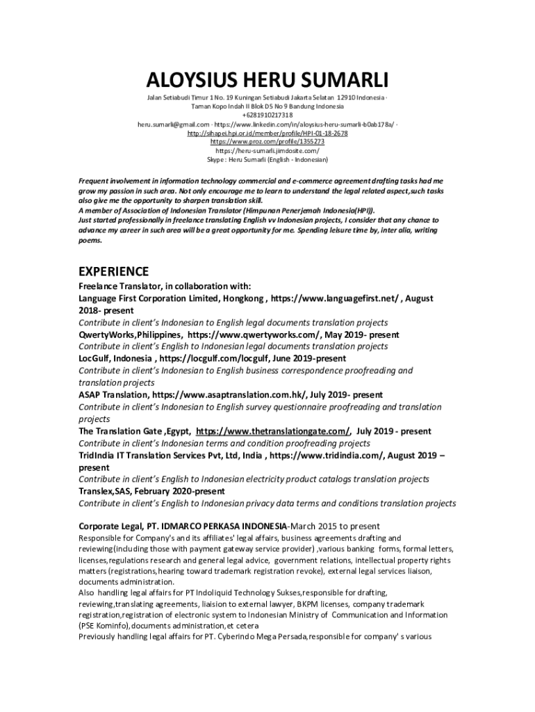 Fillable Online ALOYSIUS HERU SUMARLI - Linguist Cafe Fax Email Print ...