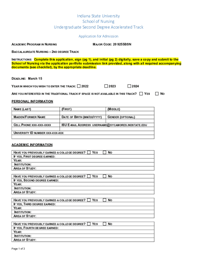 Fillable Online 2nd Degree Campus Track - BSN - Application Form Fax ...