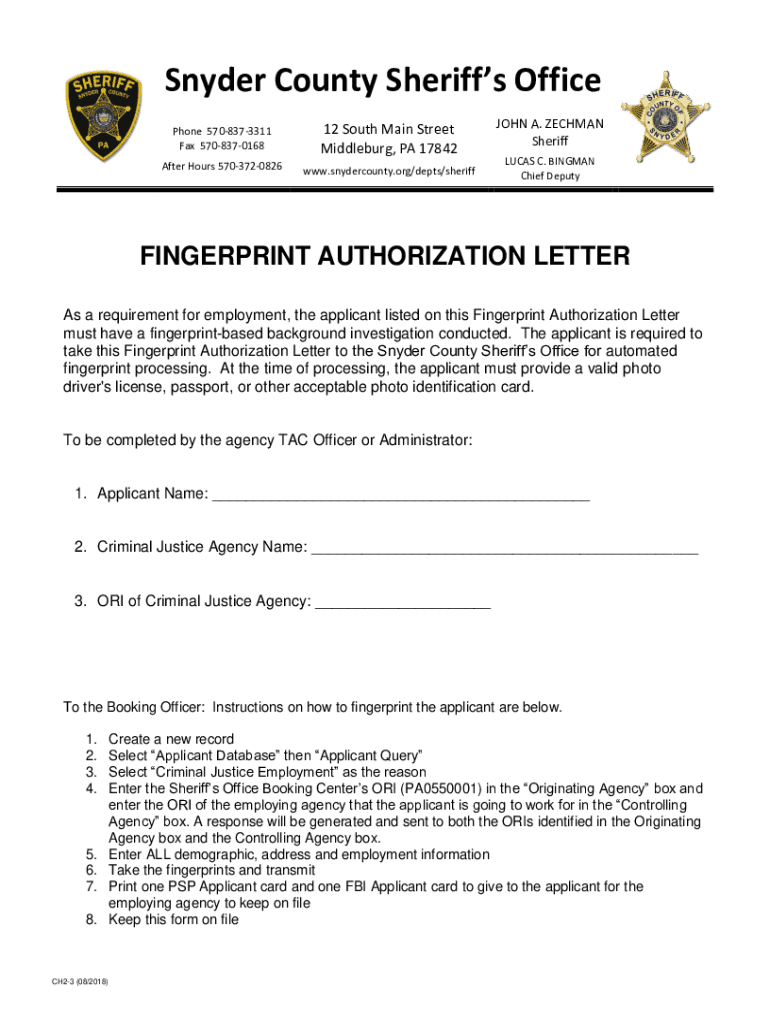 Fillable Online Fingerprint Authorization Letter Snyder County Sheriff ...