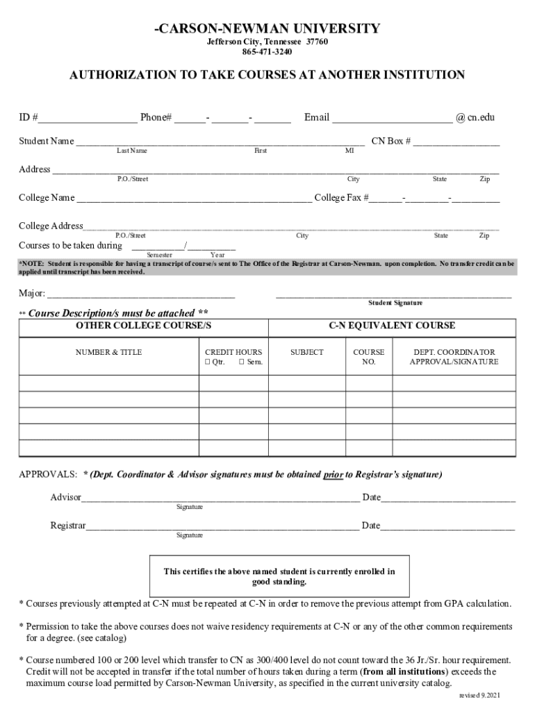 Fillable Online Authorization to Take Courses at Another Institution ...