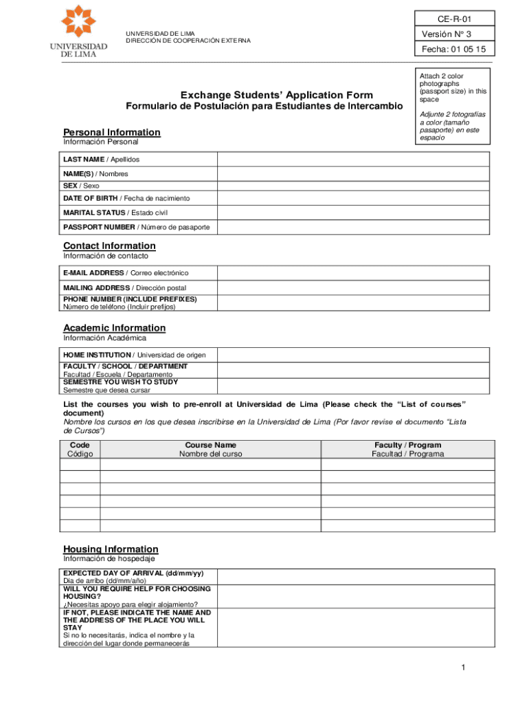 Fillable Online Exchange Students Application Form - Universidad de ...