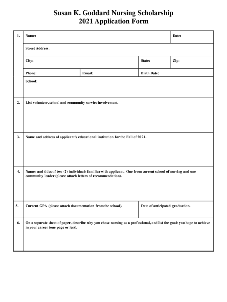 Fillable Online Susan K. Goddard Nursing Scholarship 2021 Application ...