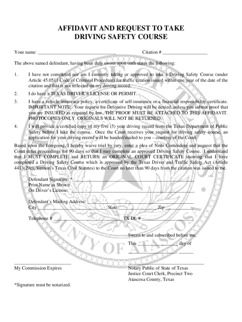 Fillable Online AFFIDAVIT AND REQUEST TO TAKE DRIVING SAFETY ... Fax ...