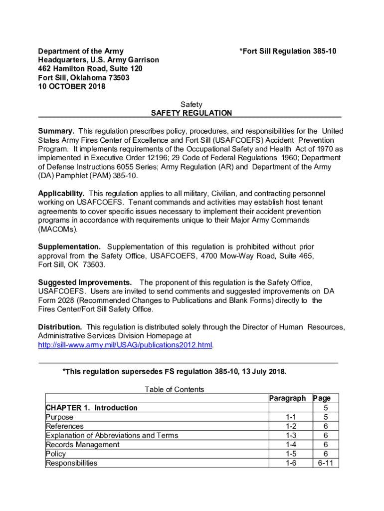 Fillable Online Department of the Army *Fort Sill Regulation 385-10 Fax ...