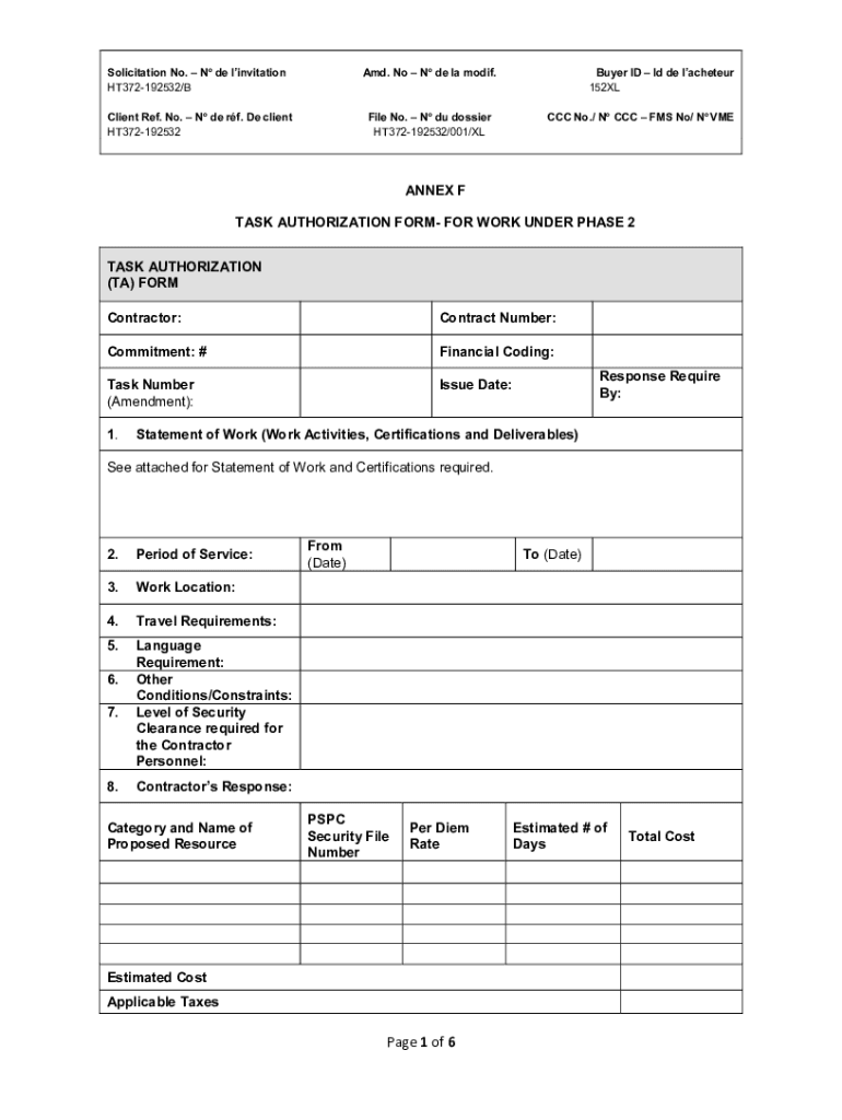 Fillable Online ANNEX F - TASK AUTHORIZATION FORM FOR WORK UNDER PHASE ...