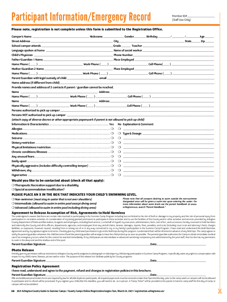 Fillable Online Participant Information/Emergency Record - Arlington ...