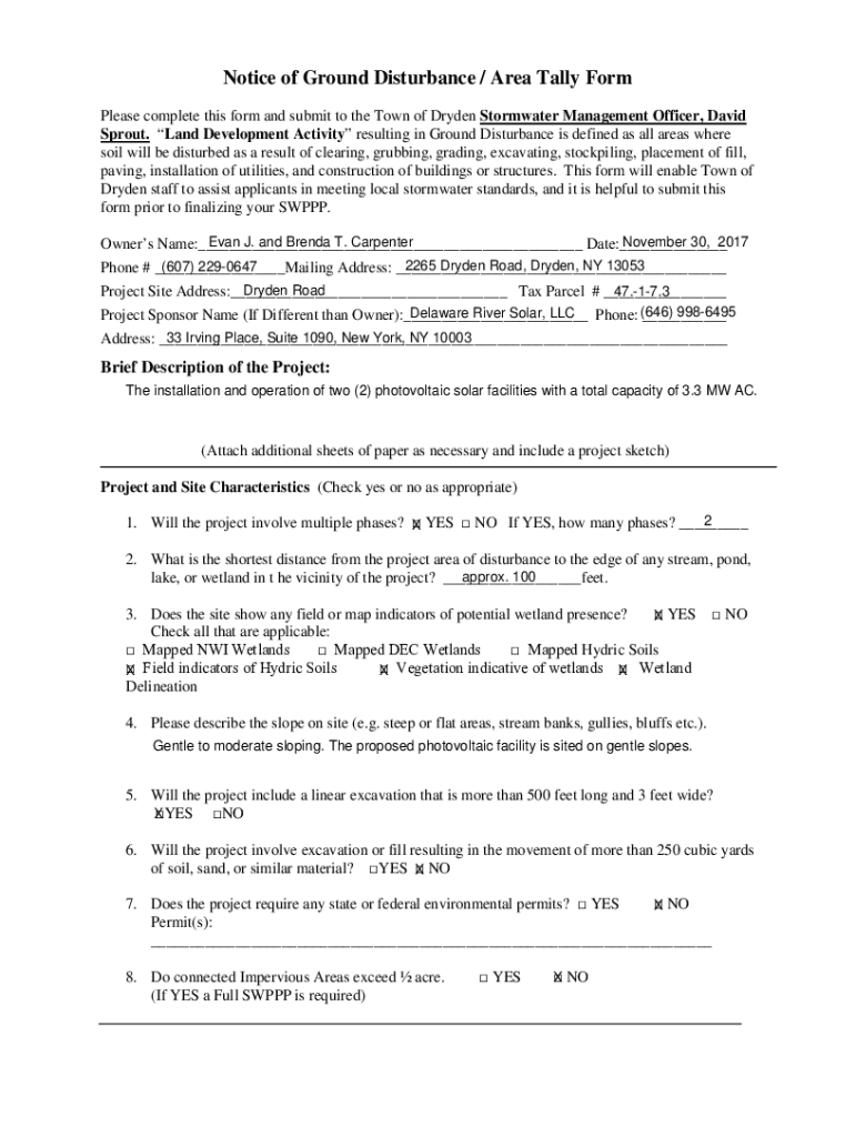 Fillable Online dryden.ny.uswp-contentuploadsNotice of Ground Disturbance / Area Tally Form ...