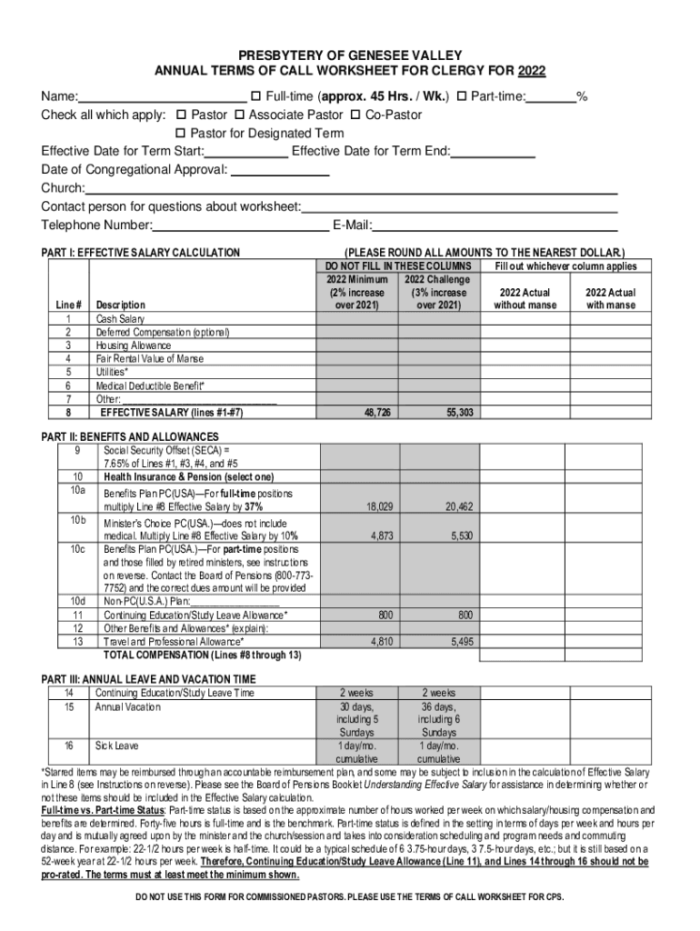 Fillable Online 2022 Terms of Call for Clergy - Presbytery of Genesee Valley Fax Email Print ...
