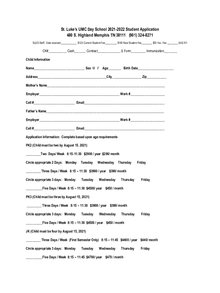 Fillable Online St. Luke's UMC Day School 2021-2022 Student Application 480 S ... Fax Email ...