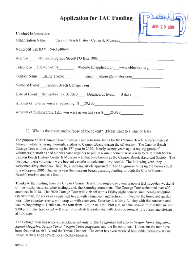 Fillable Online Application for TAG Funding JfA - City of Cannon Beach ...