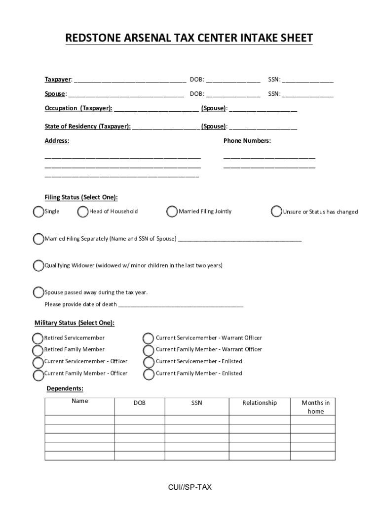Fillable Online REDSTONE ARSENAL TAX CENTER INTAKE SHEET - United ...