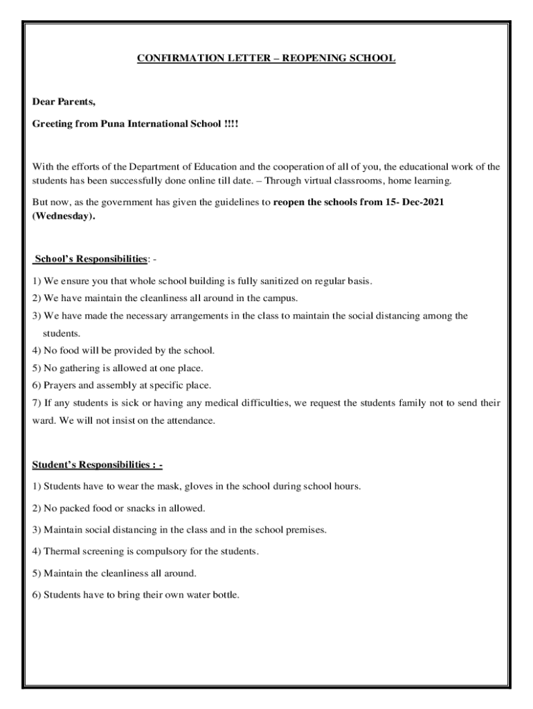 Fillable Online CONFIRMATION LETTER REOPENING SCHOOL Greeting from Puna ...