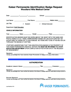 Fillable Online Kaiser Permanente Identification Badge Request ...